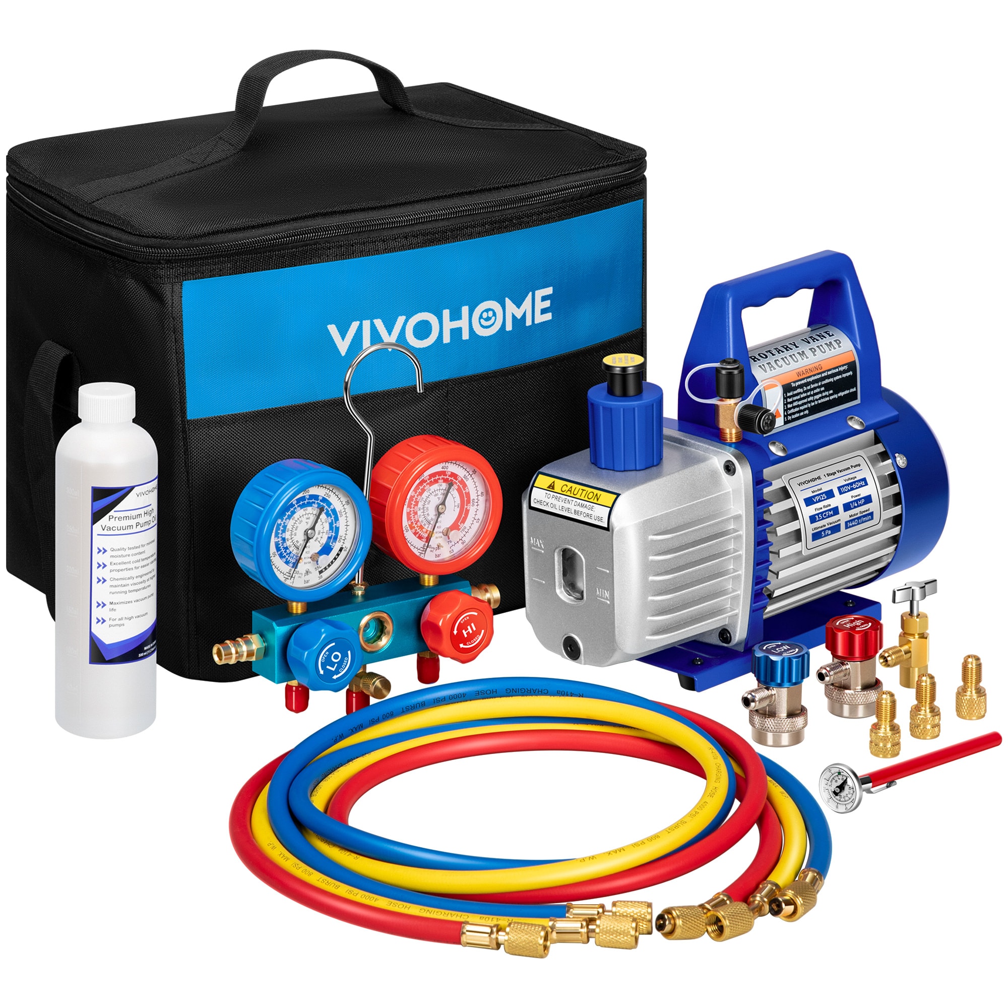 VIVOHOME 110V 1/4 HP 3.5CFM Single Stage Rotary Vane Air Vacuum Pump and AC Manifold Gauge Set ...