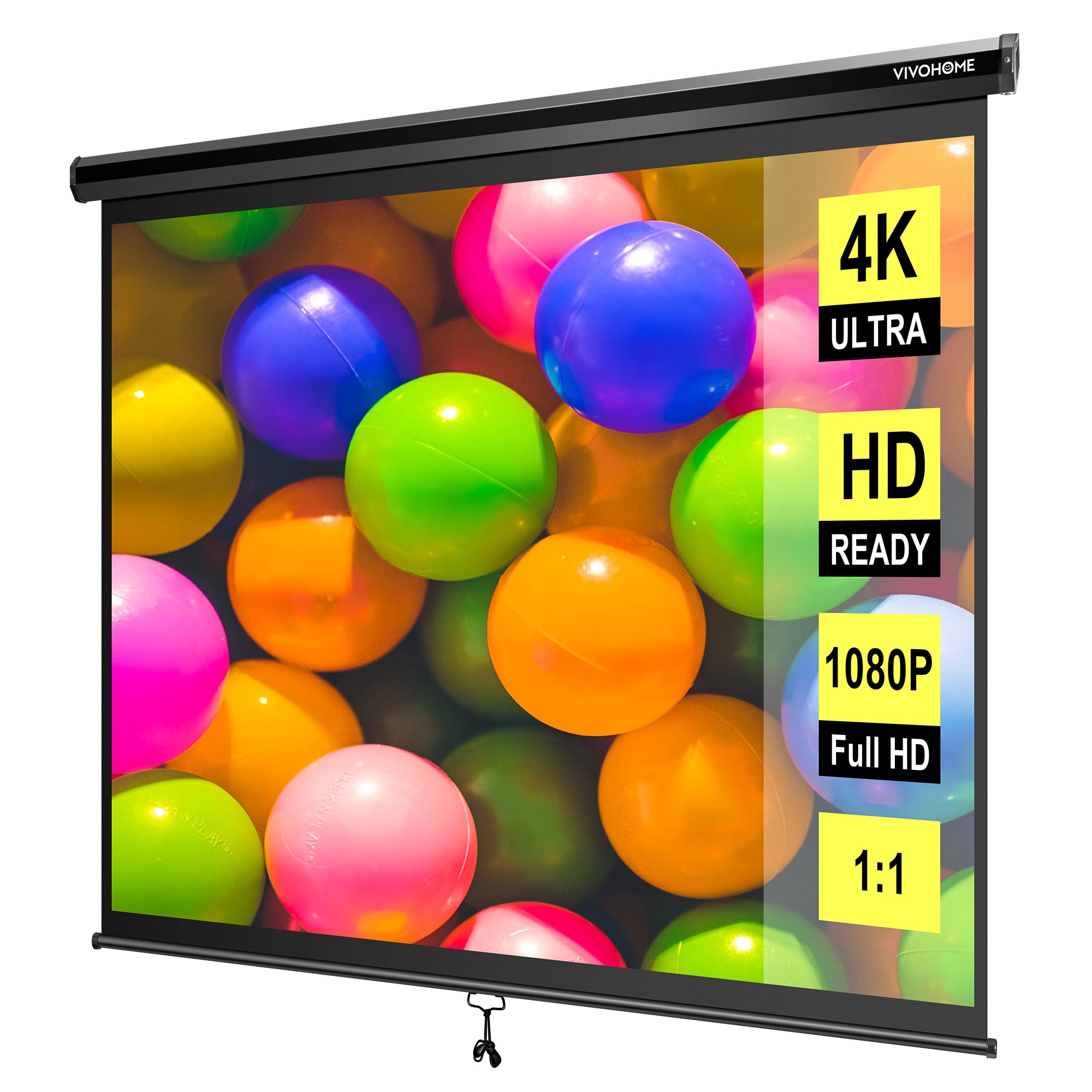 VIVOHOME 120 Inch Manual Pull Down Projector Screen, 1:1 HD Retractable ...